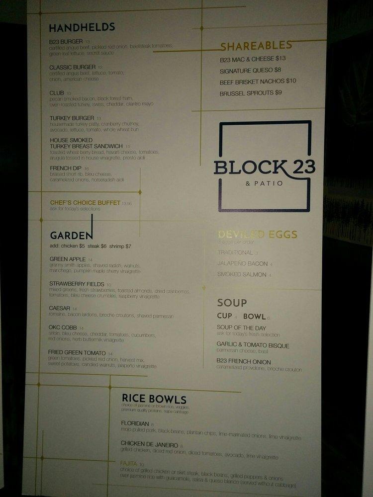 Menu at Block 23 restaurant, Oklahoma City