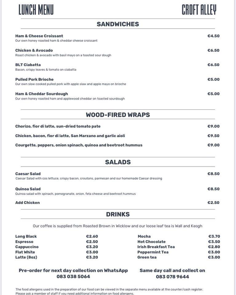 Menu at Croft Alley restaurant, Portlaoise