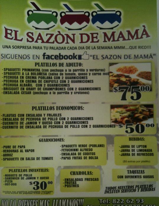 Menu at El sazon de mamá cafe, Matamoros, Vicente Suárez 69