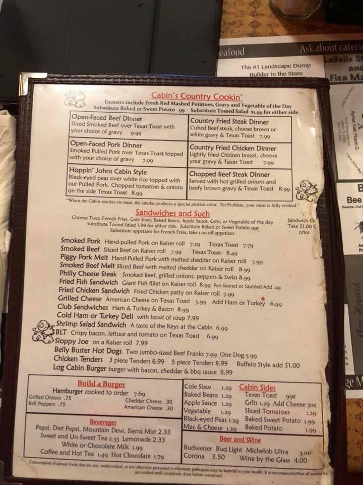 Menu at The Log Cabin BBQ, LaBelle