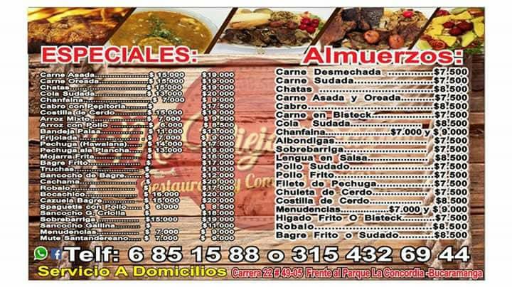 Carta del restaurante Mi Viejo Sazon, Bucaramanga