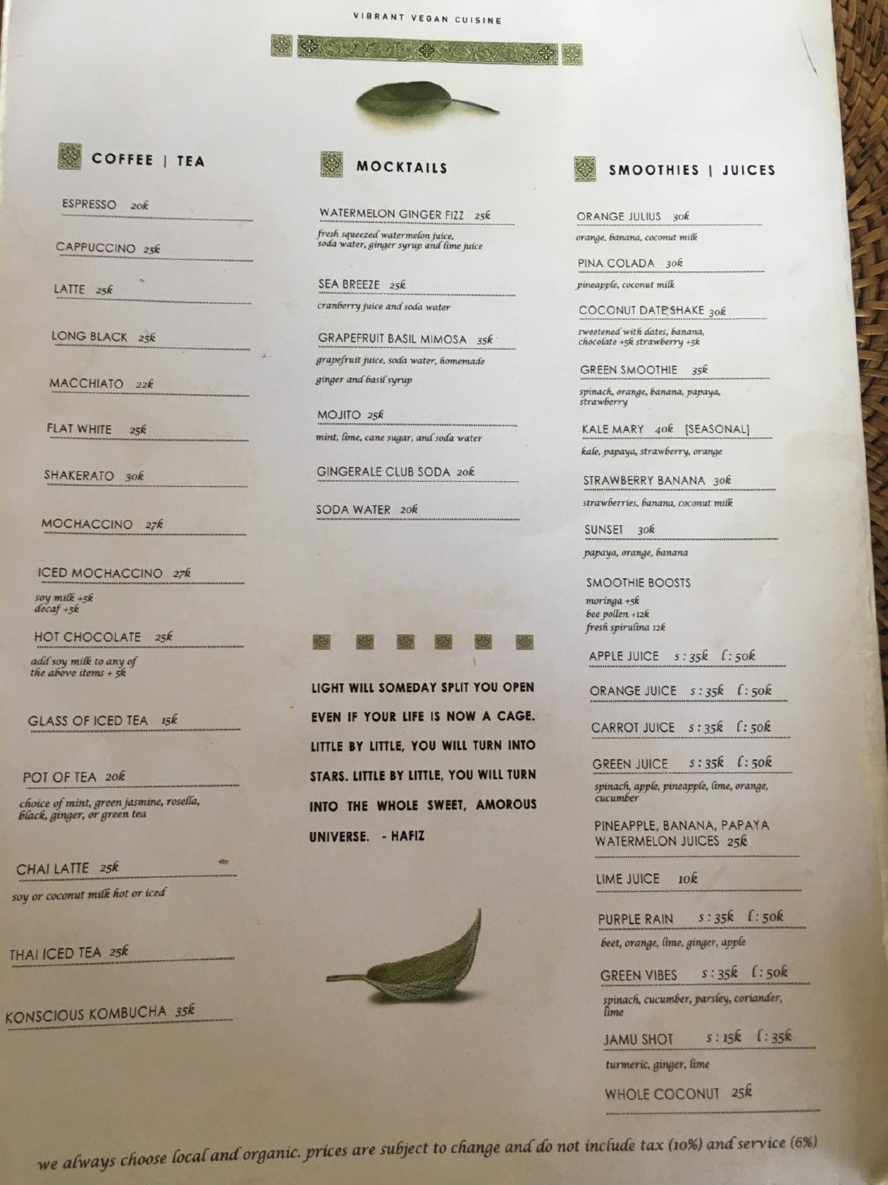 Menu at Sage restaurant, Ubud