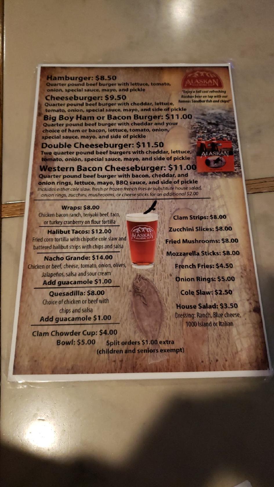 Menu at Sandbar & Grill, Juneau