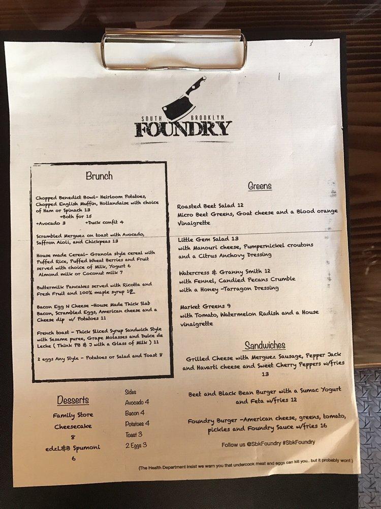 Menu at South Brooklyn Foundry restaurant, New York City