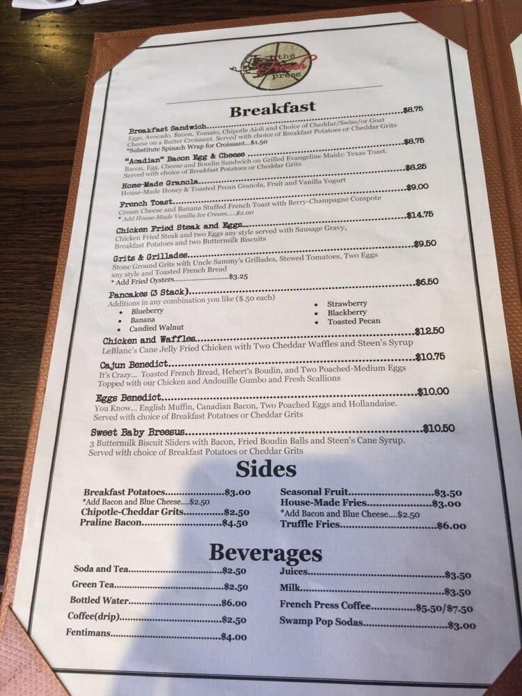 Menu at The French Press restaurant, Lafayette, 214 E Vermilion St