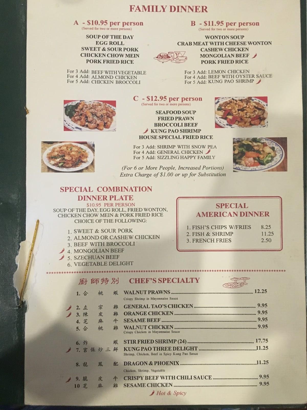 Menu at Wong's restaurant, Willows