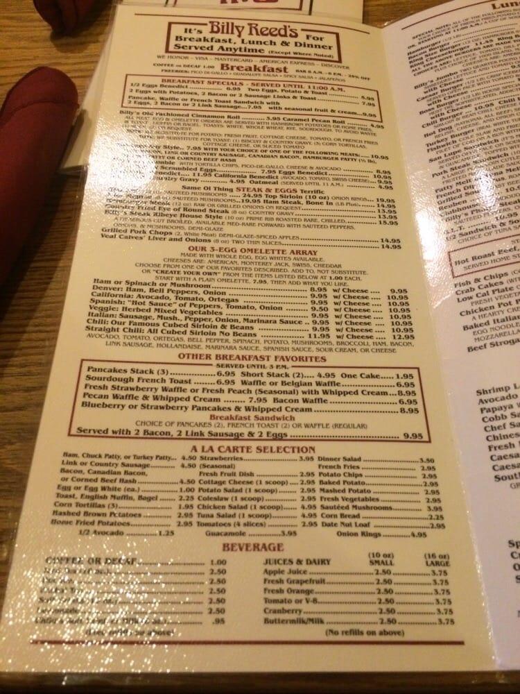 Menu at Billy Reed's Palm Springs restaurant, Palm Springs
