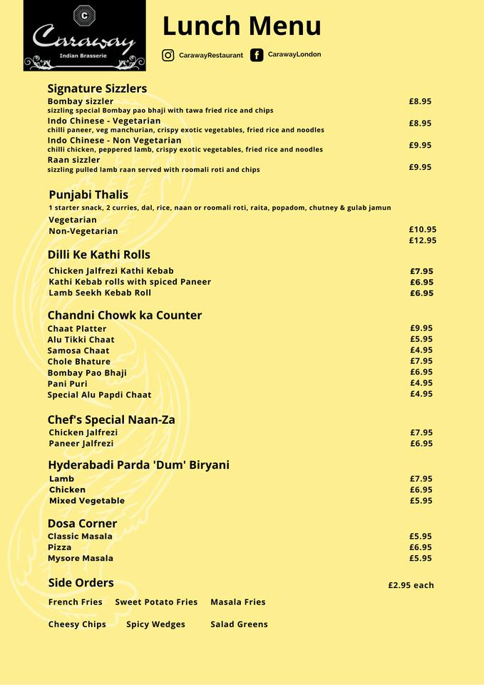 Menu at Caraway restaurant, Ilford