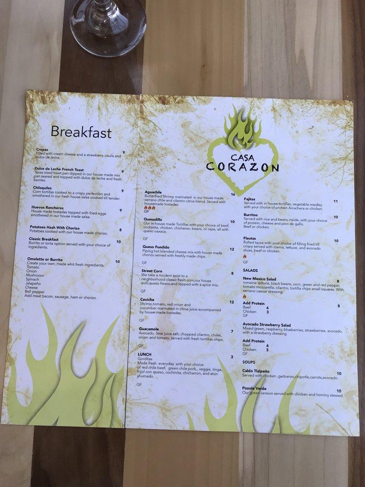 Menu at Casa Corazon Restaurant, Phoenix