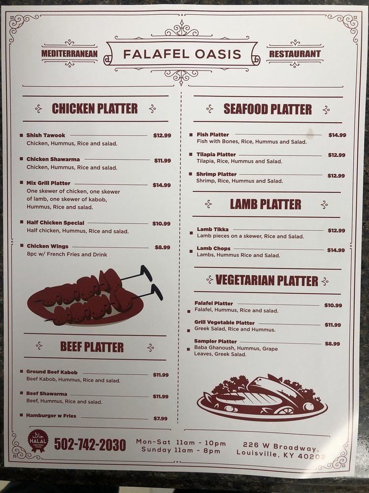 Menu at Falafel Oasis restaurant, Louisville, 226 W Broadway