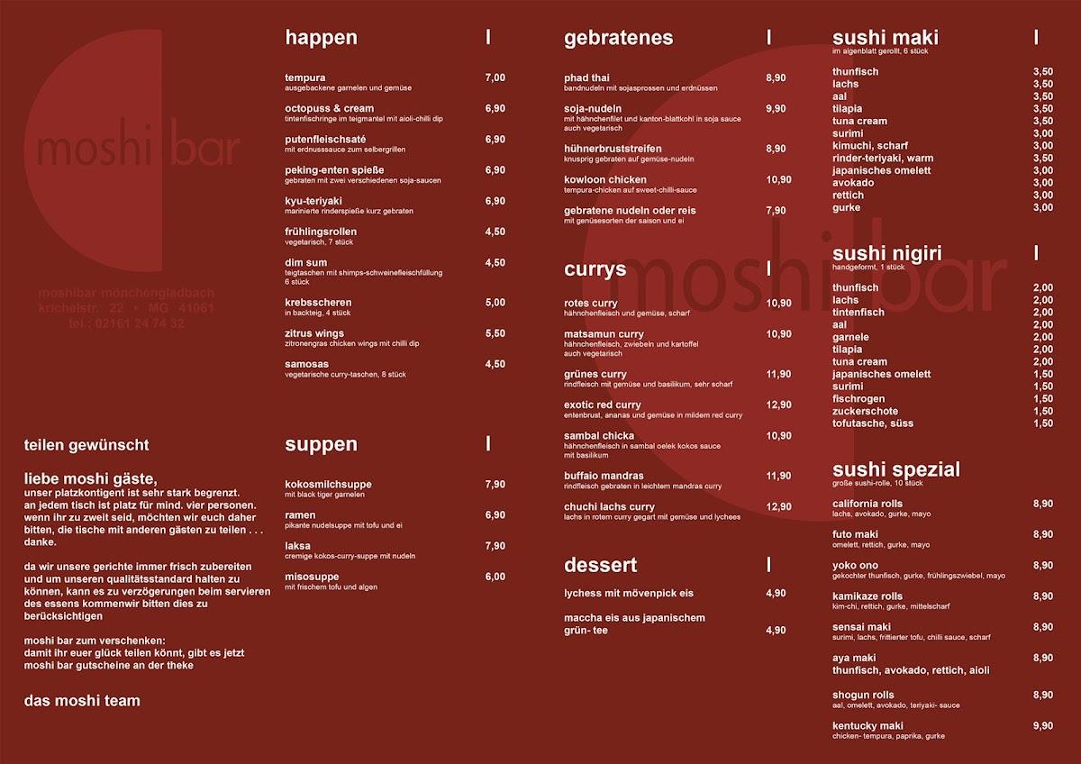 Speisekarte von Moshi Bar - Mönchengladbach, Mönchengladbach