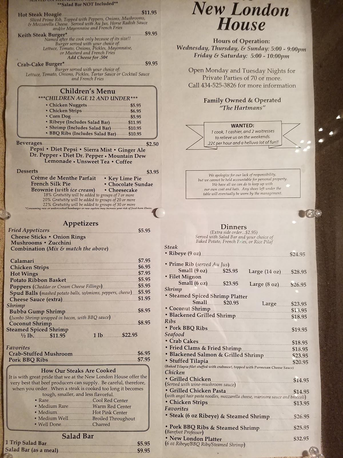 Menu at New London Steak House steakhouse, Forest