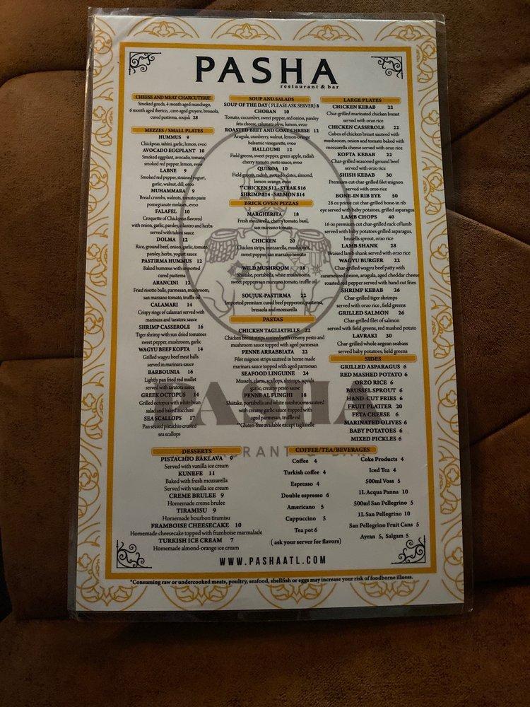 Menu at Pasha Restaurant and Bar, Atlanta