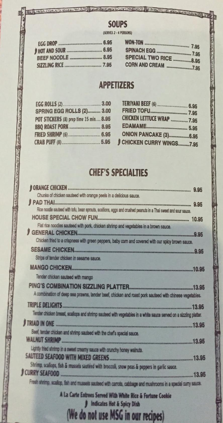 Menu at Ping's Cafe, Fountain Hills