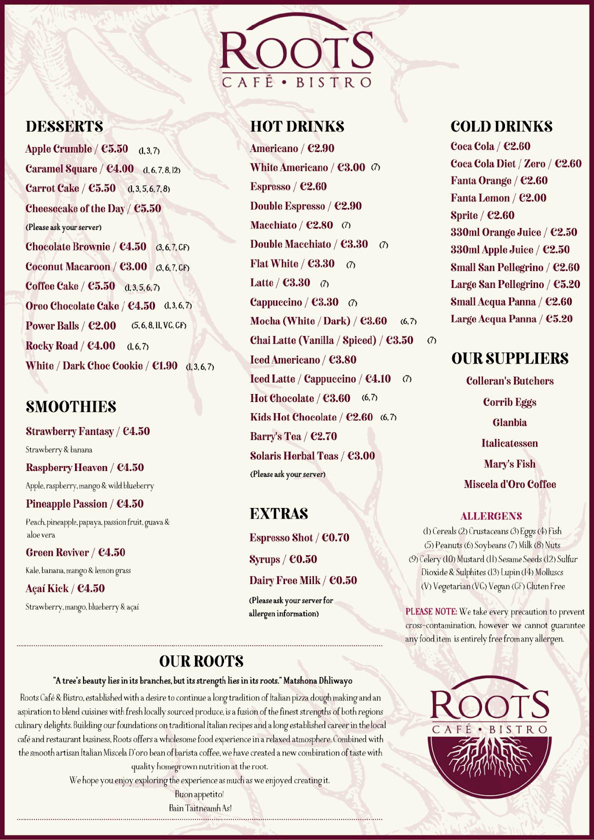 Menu at Roots Café & Bistro, Loughrea restaurant, Loughrea