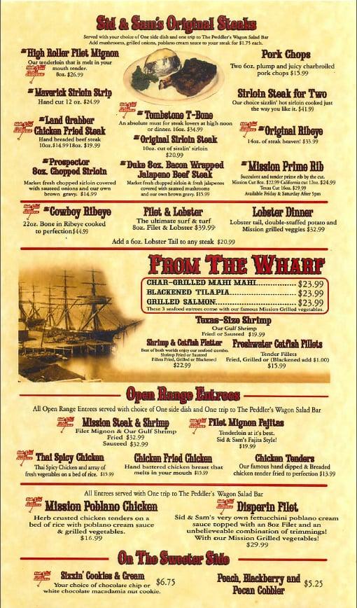 Menu at Sid & Sam’s Original Steakhouse, Odessa