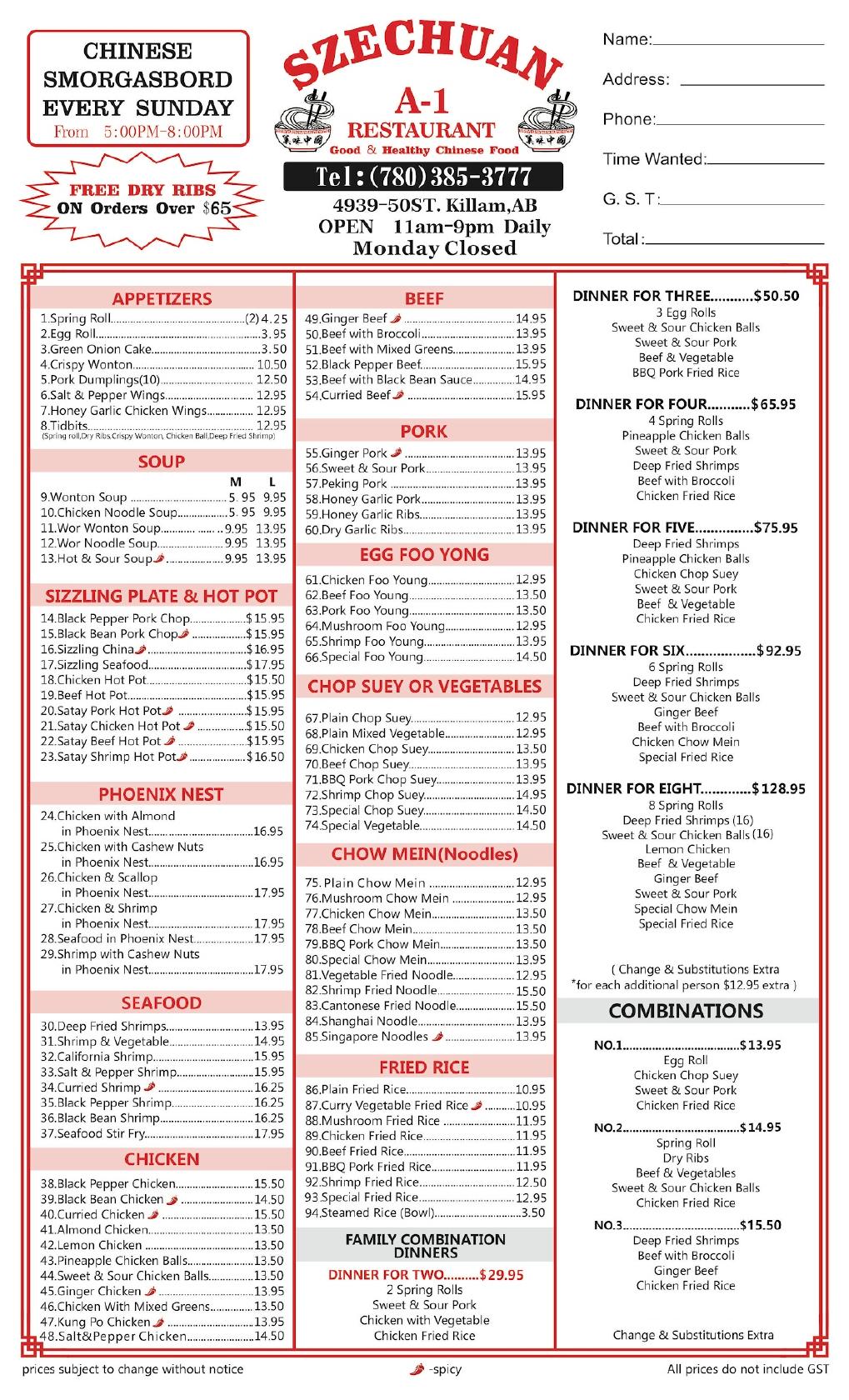 Menu at A-1 Restaurant, Killam