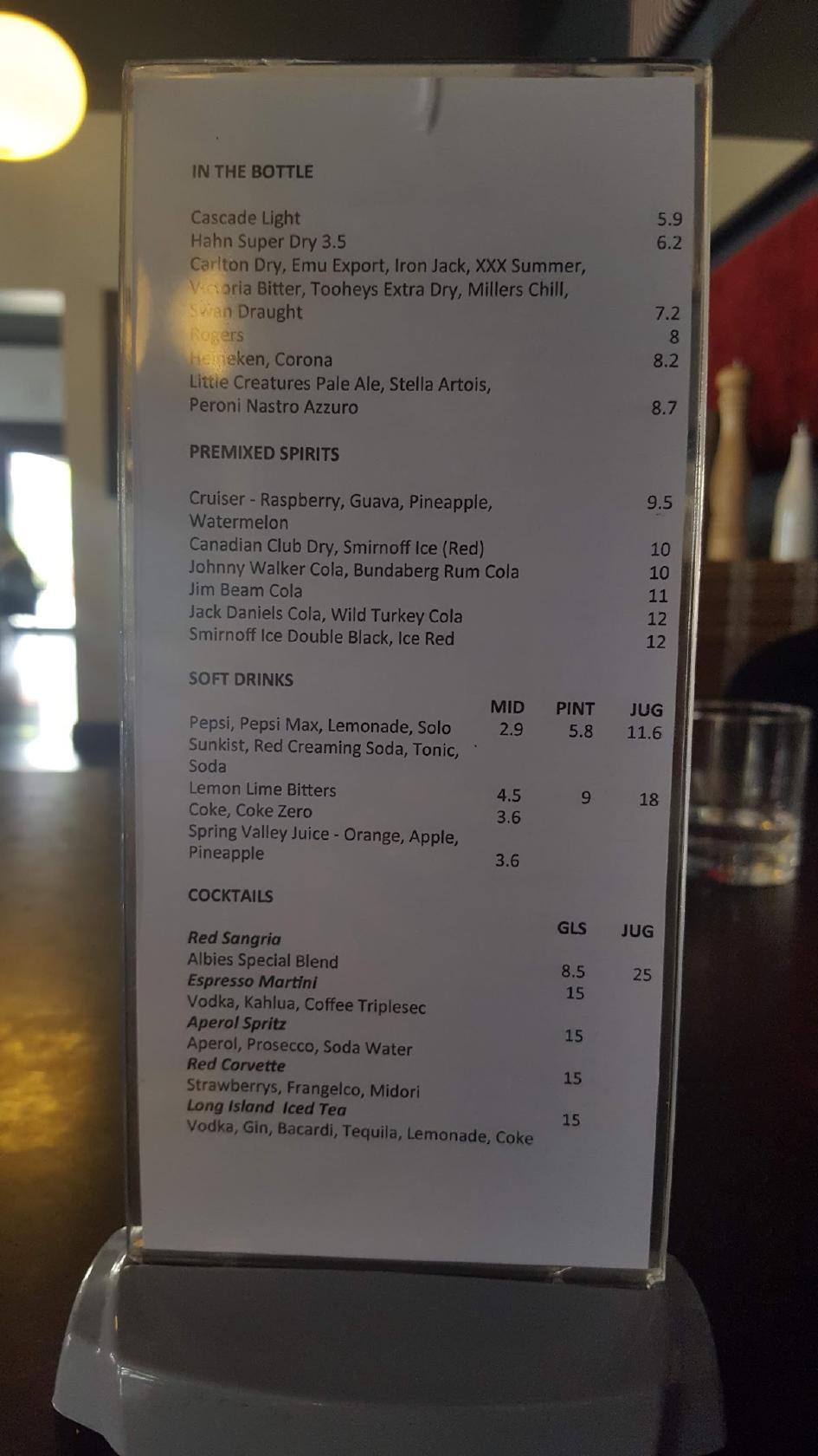 Menu at Albies Bar and Bistro, Busselton