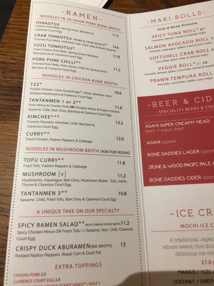 Carta del restaurante Bone Daddies Victoria, Londres, Nova Development