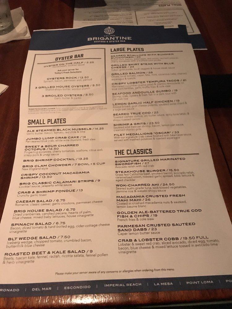 Menu at Brigantine Seafood & Oyster Bar, Del Mar, Camino Del Mar