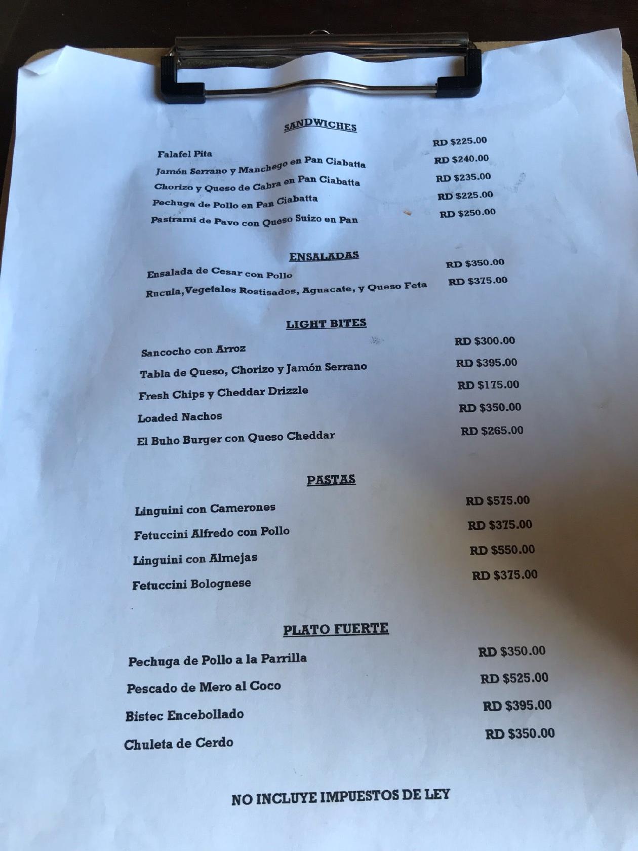 Menu at El Buho Eatery restaurant, Santo Domingo