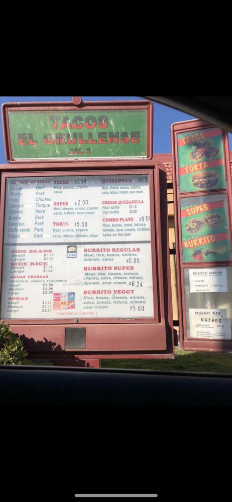 Menu at Taco El Grullense restaurant, Chowchilla