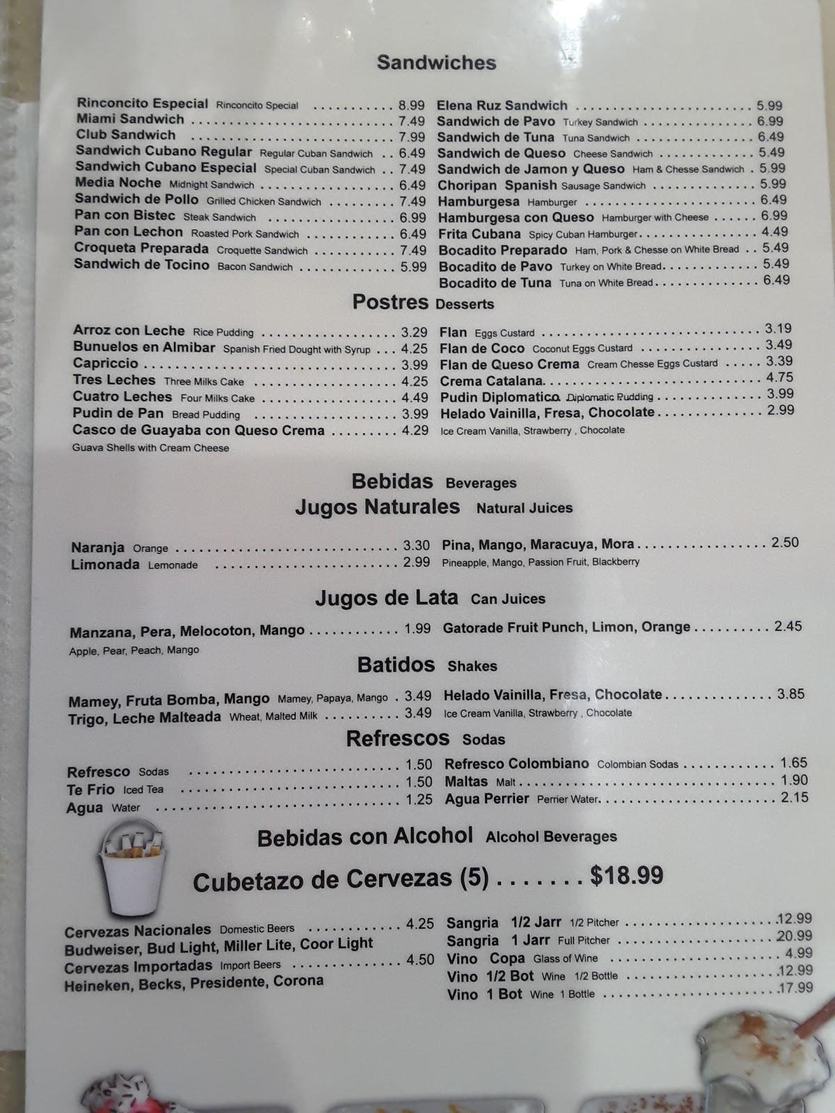 Menu at El Rinconcito Latino Coral Way restaurant, Miami, SW 24th St