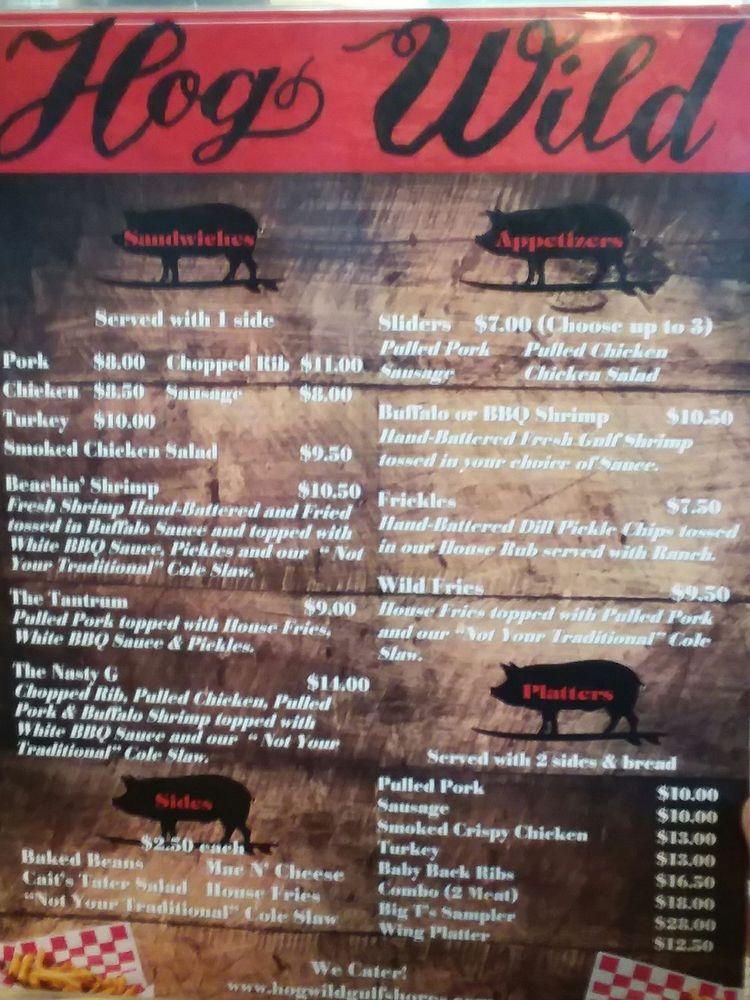 Menu at Hog Wild Beach & BBQ, Gulf Shores