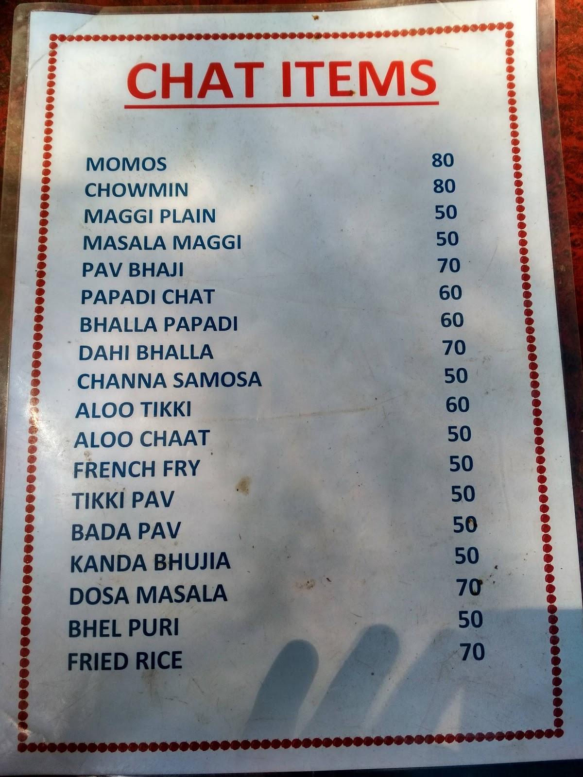 Menu at Manali Chaat Corner, Manali