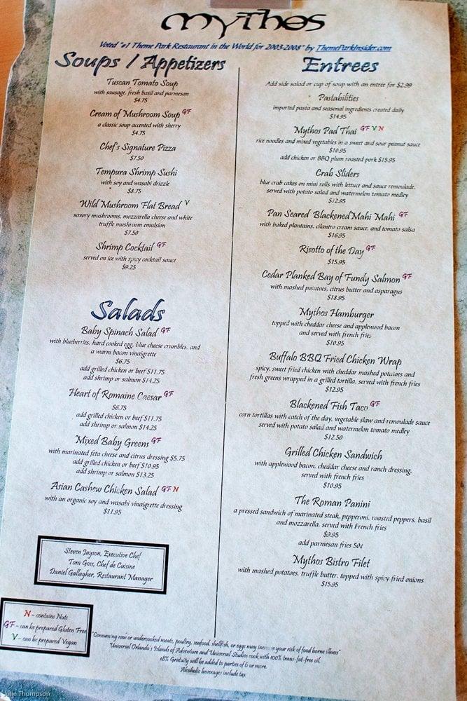 Menu at Mythos Restaurant, Orlando