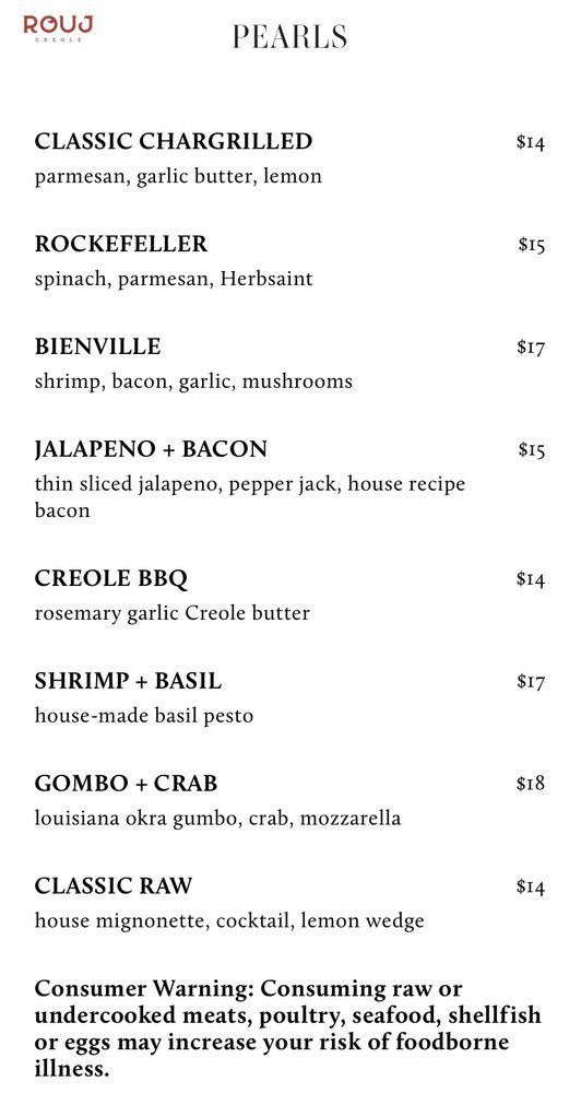 Menu at Rouj Creole restaurant, Baton Rouge