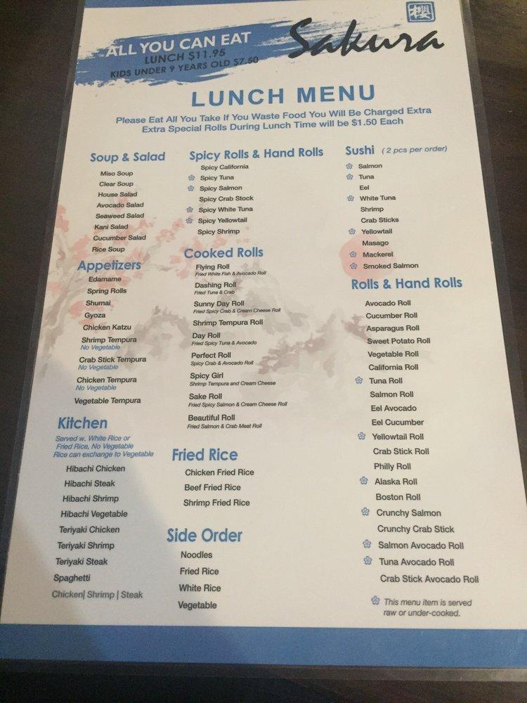 Menu at Sakura restaurant, Moyock