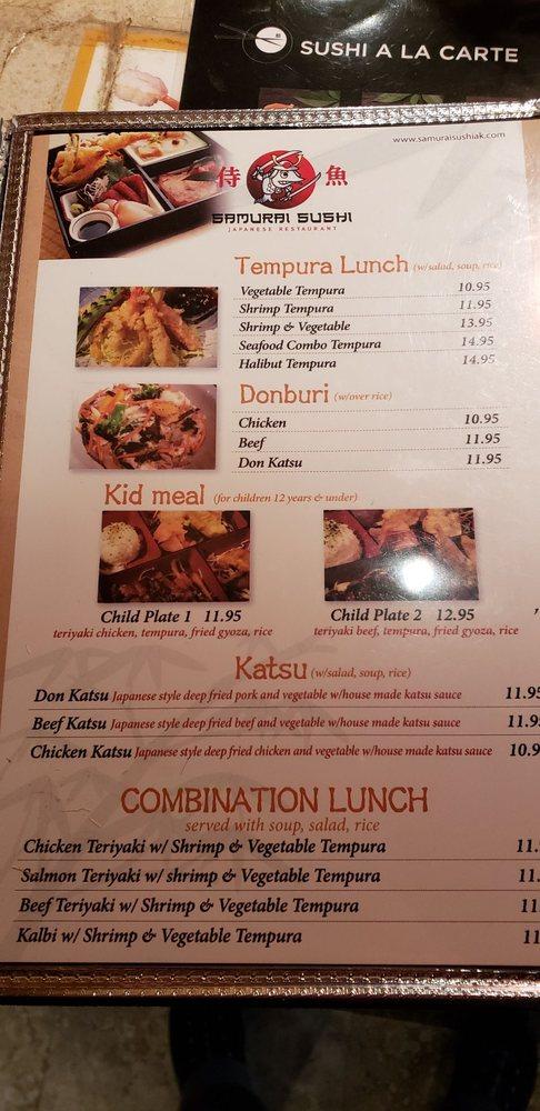 Menu at Samurai Sushi restaurant, Anchorage
