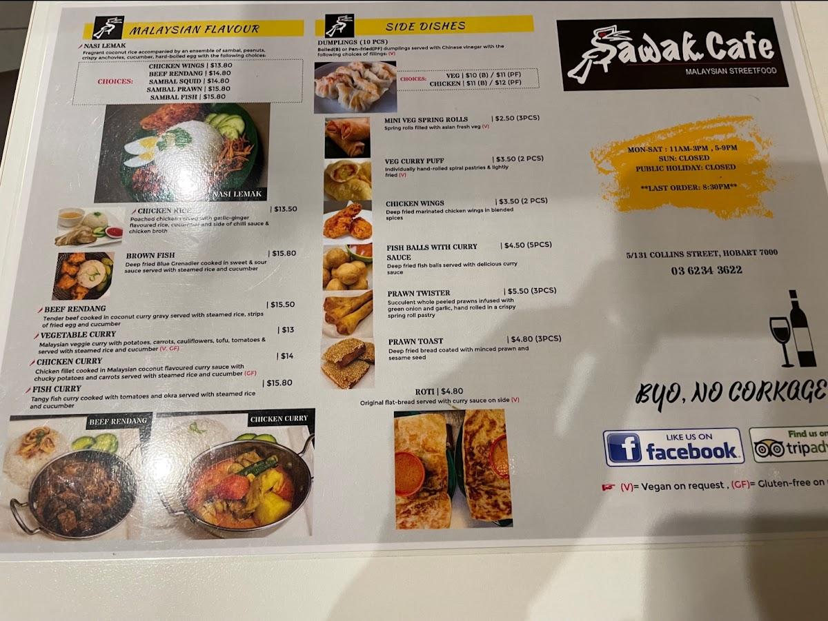Menu at Sawak Cafe, Hobart