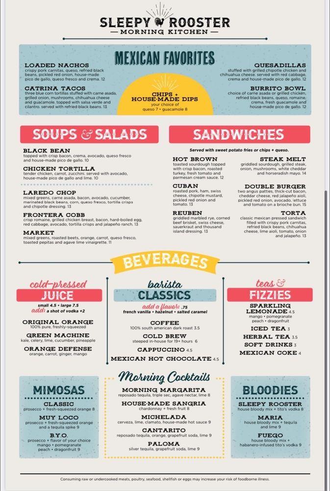 Menu at Sleepy Rooster Morning Kitchen restaurant, New Albany