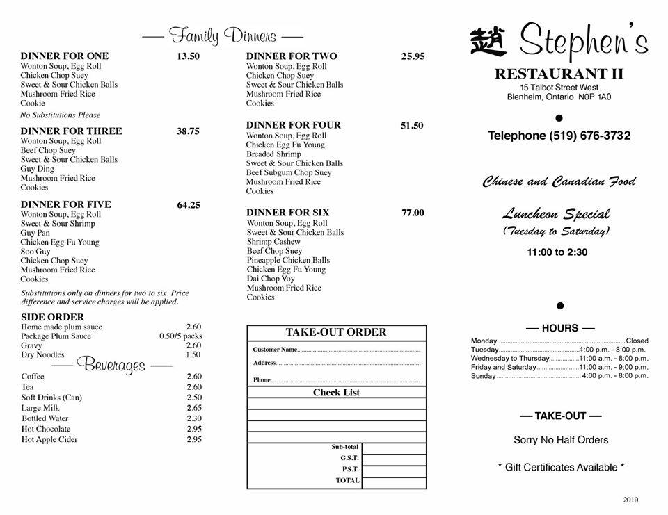 Menu at Stephen's Restaurant Two, Chatham-Kent
