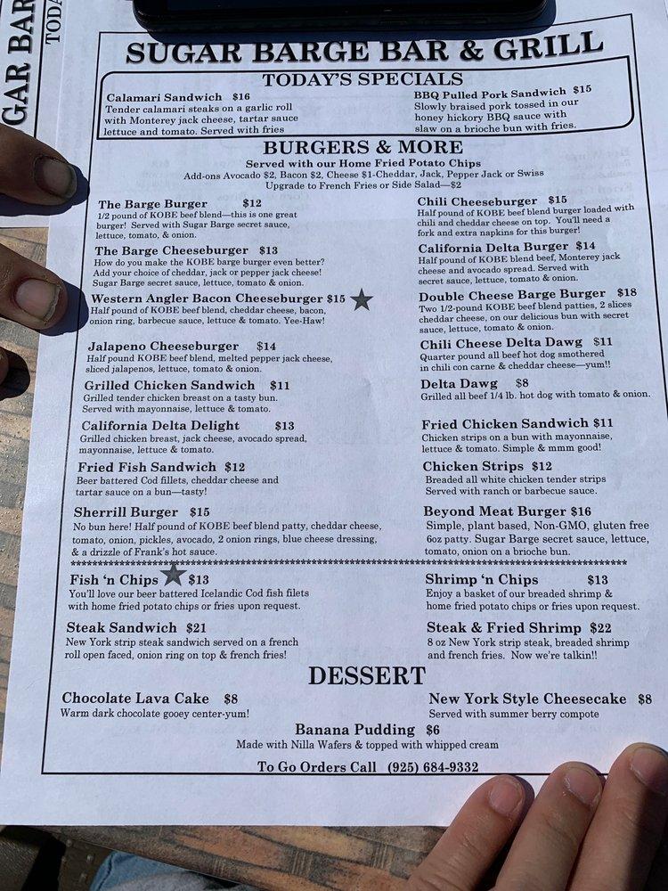 Carta de Sugar Barge Waterfront Bar & Grill, Bethel Island, Sugar Barge Rd