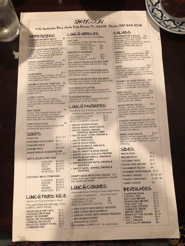Menu at Thaicoon Restaurant, North Palm Beach