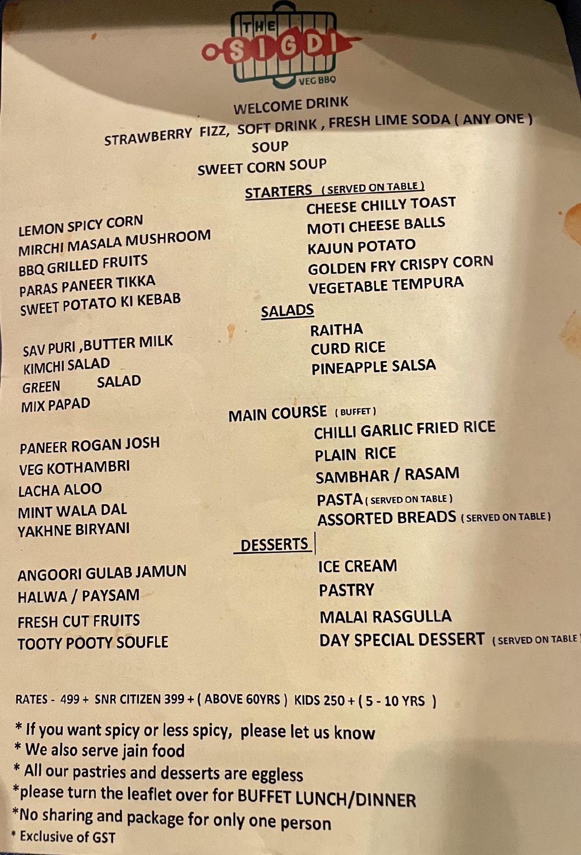 Menu at The Sigdi Veg BBQ, Hubballi