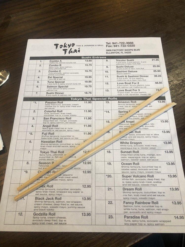 Menu at Tokyo Thai restaurant, Ellenton