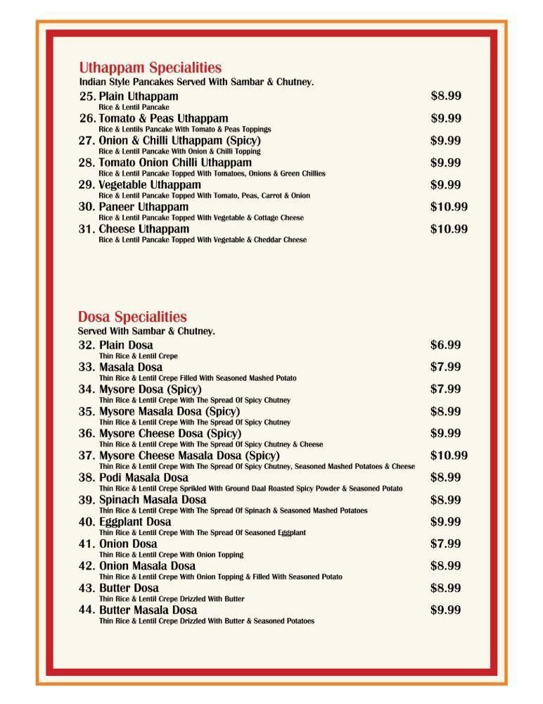 Menu at Udupi Palace Restaurant, Surrey