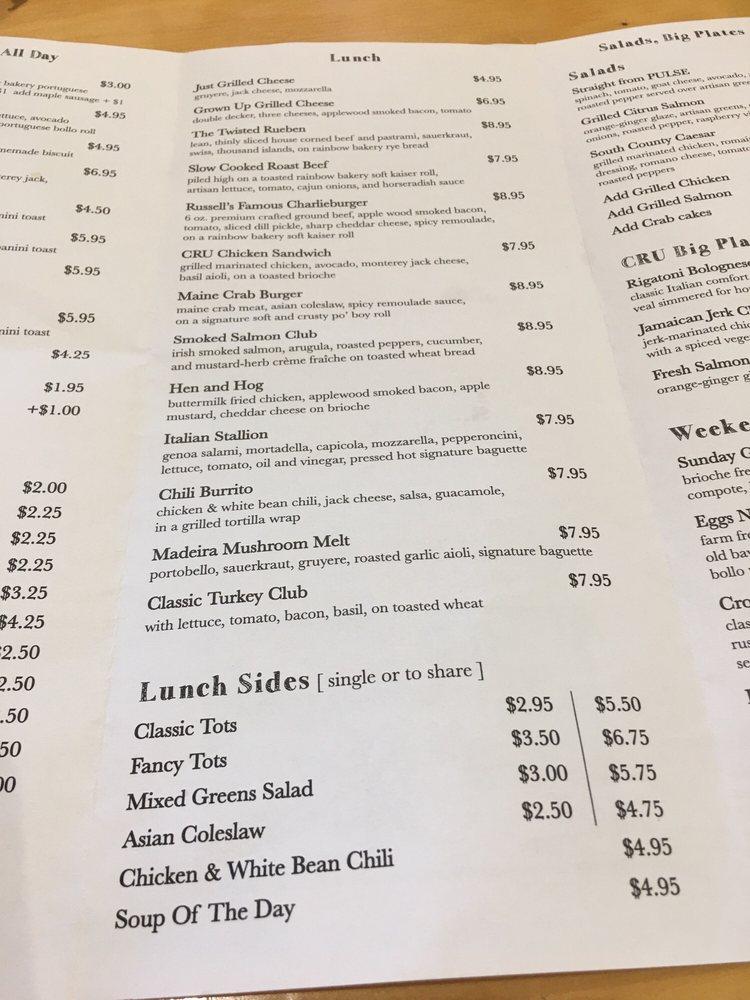 Menu at CRU Café cafe, Newport