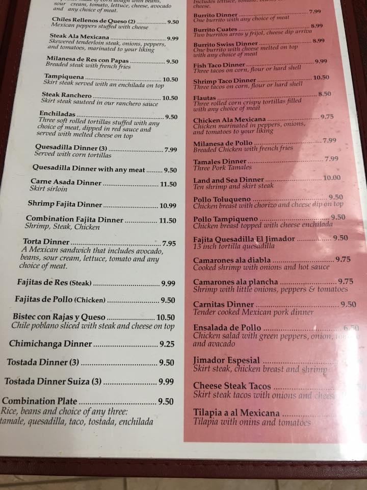 Menu at El Jimador Mexican Cuisine restaurant, Lakes of the Four Seasons