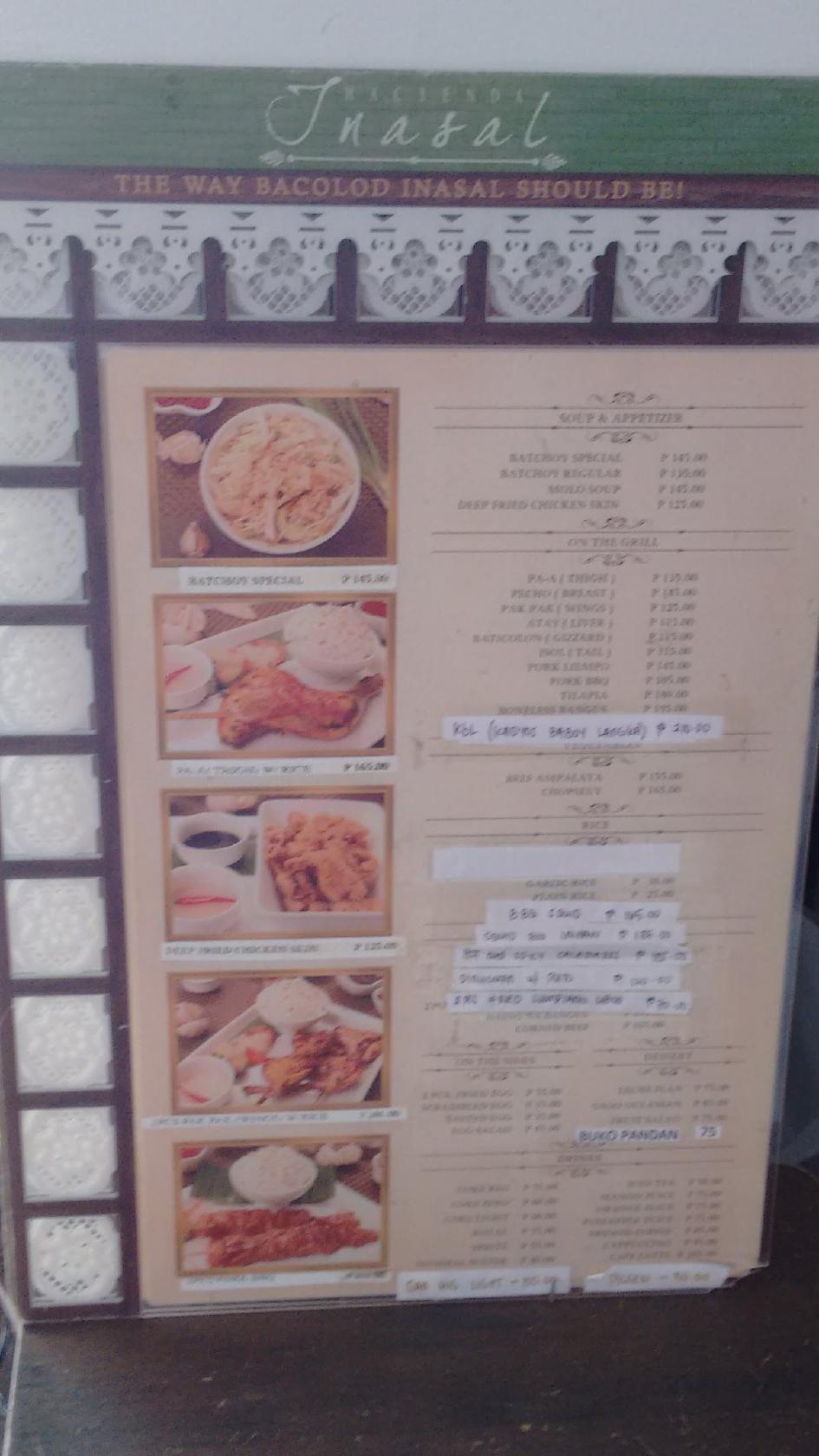 Menu at Hacienda Inasal restaurant, Muntinlupa