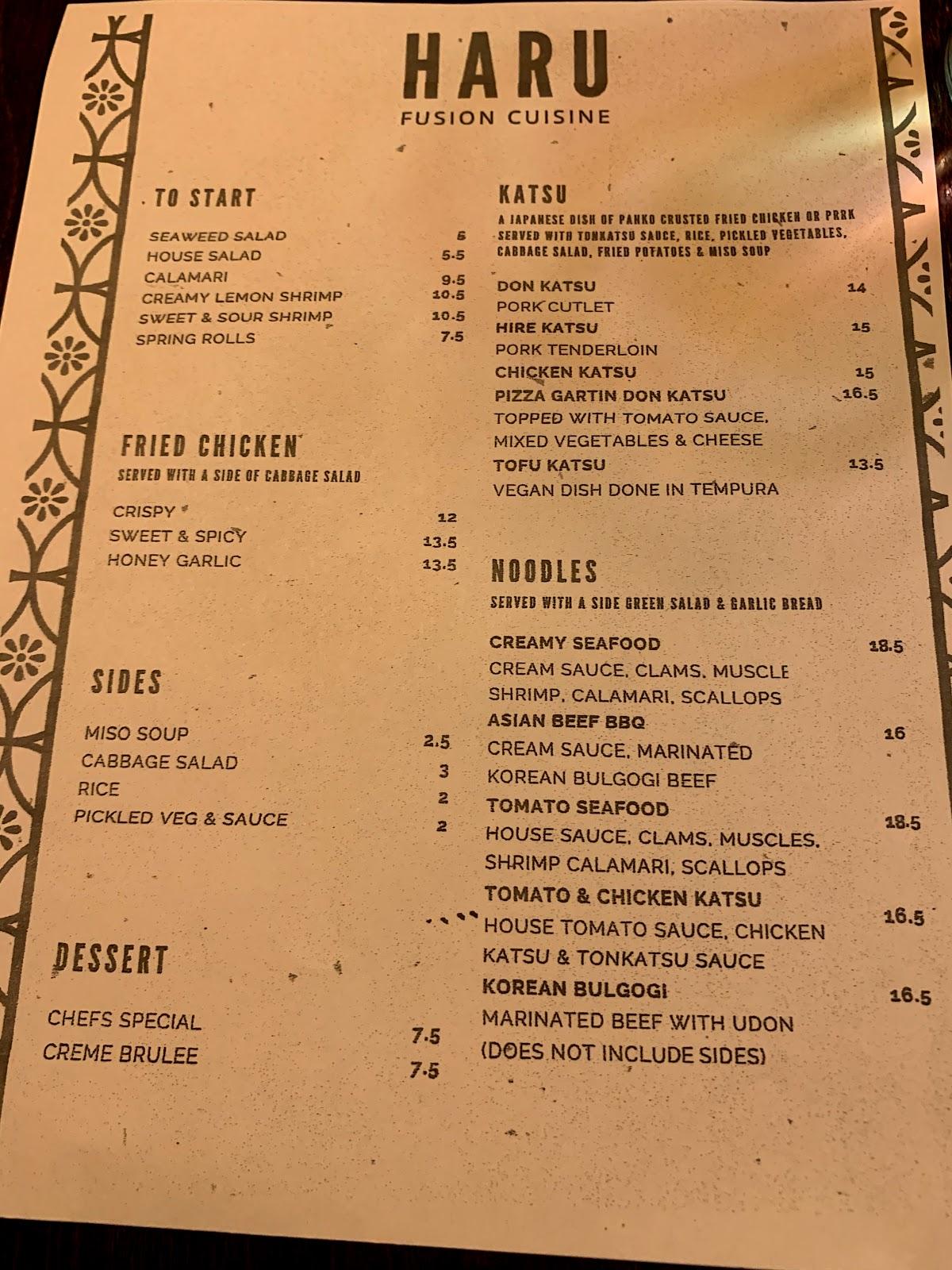 Menu at Haru Fusion Cuisine restaurant, Squamish