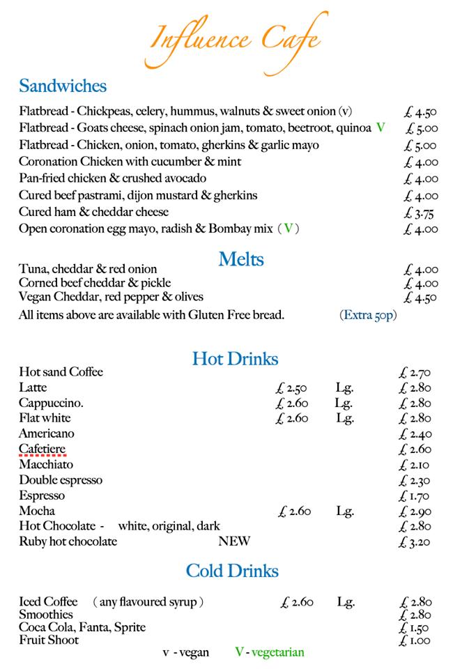Menu at Influence Cafe, Darlington