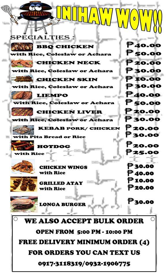 Menu at Inihaw WOW restaurant, Makati, Mabini cor Zamora Sts.