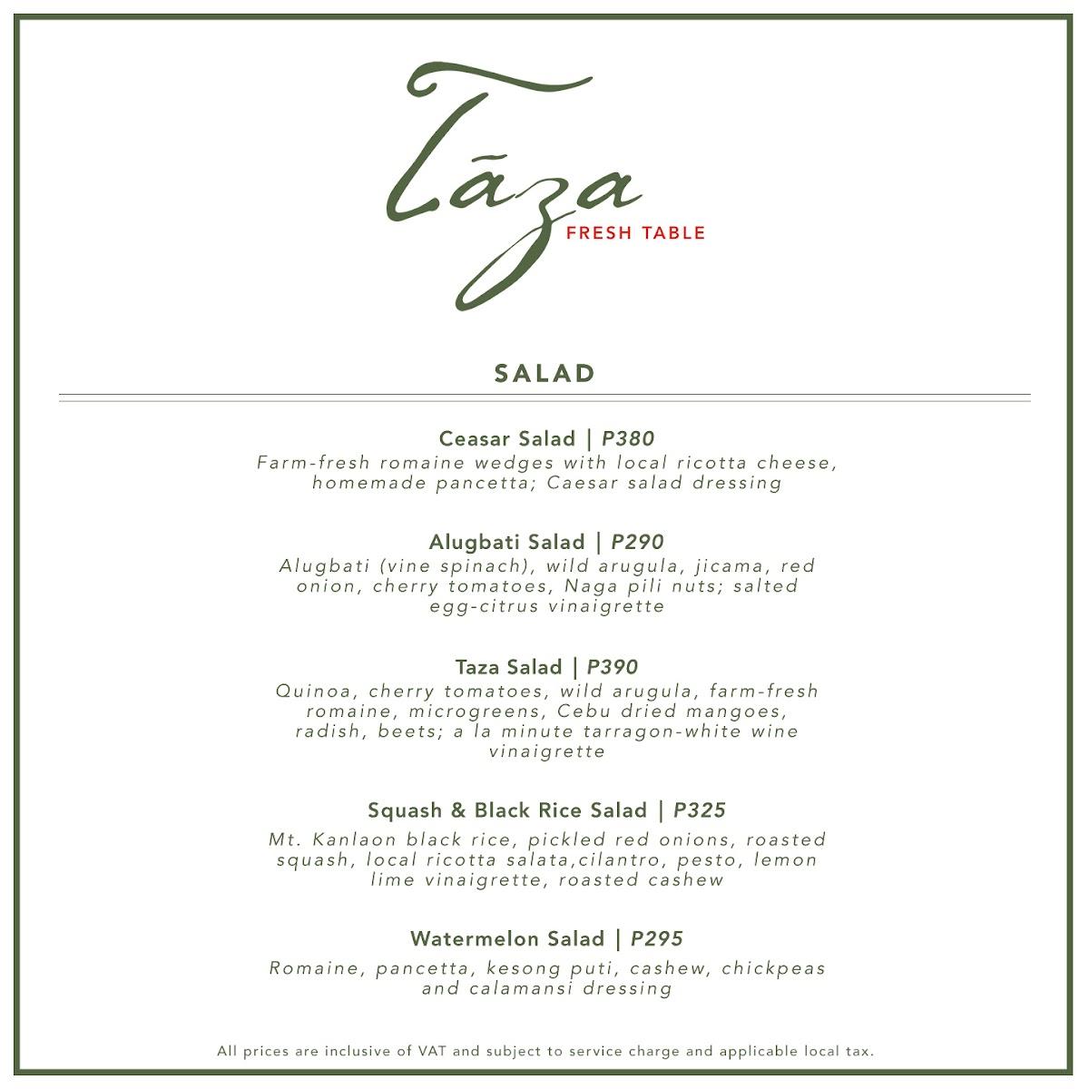 Carta del restaurante Taza Fresh Table, Tagaytay