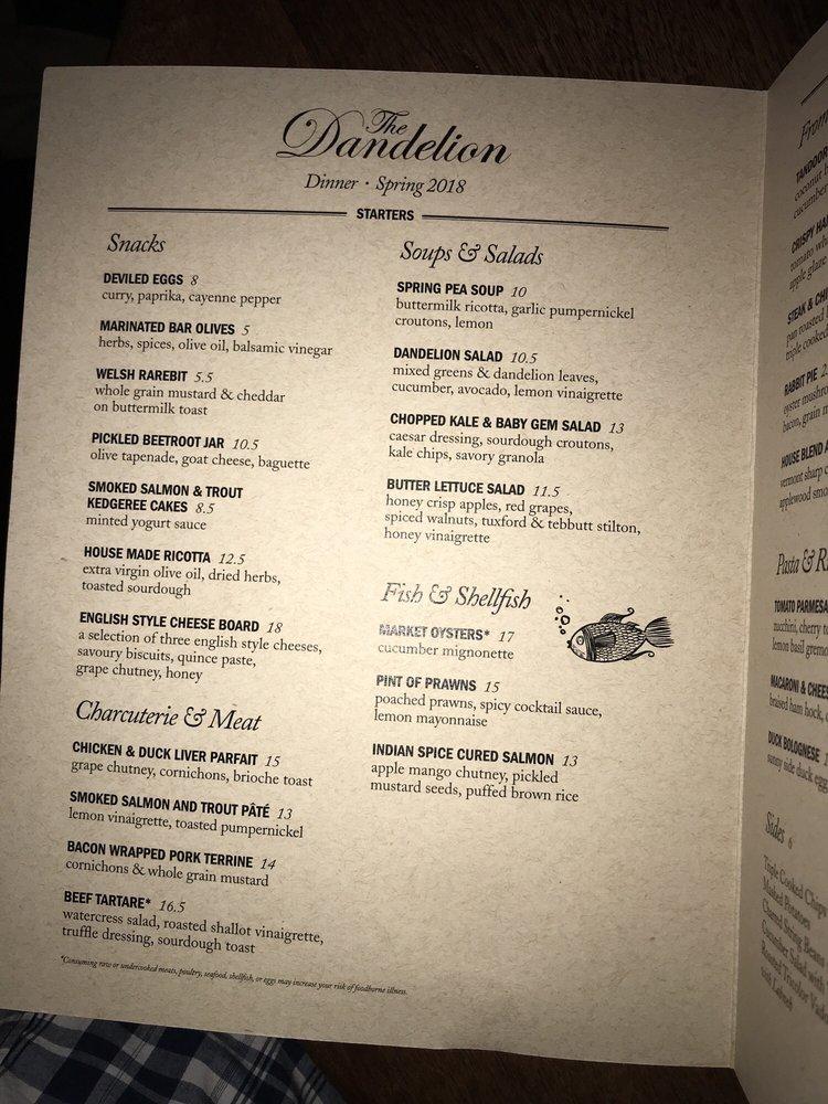 Menu at The Dandelion restaurant, Philadelphia