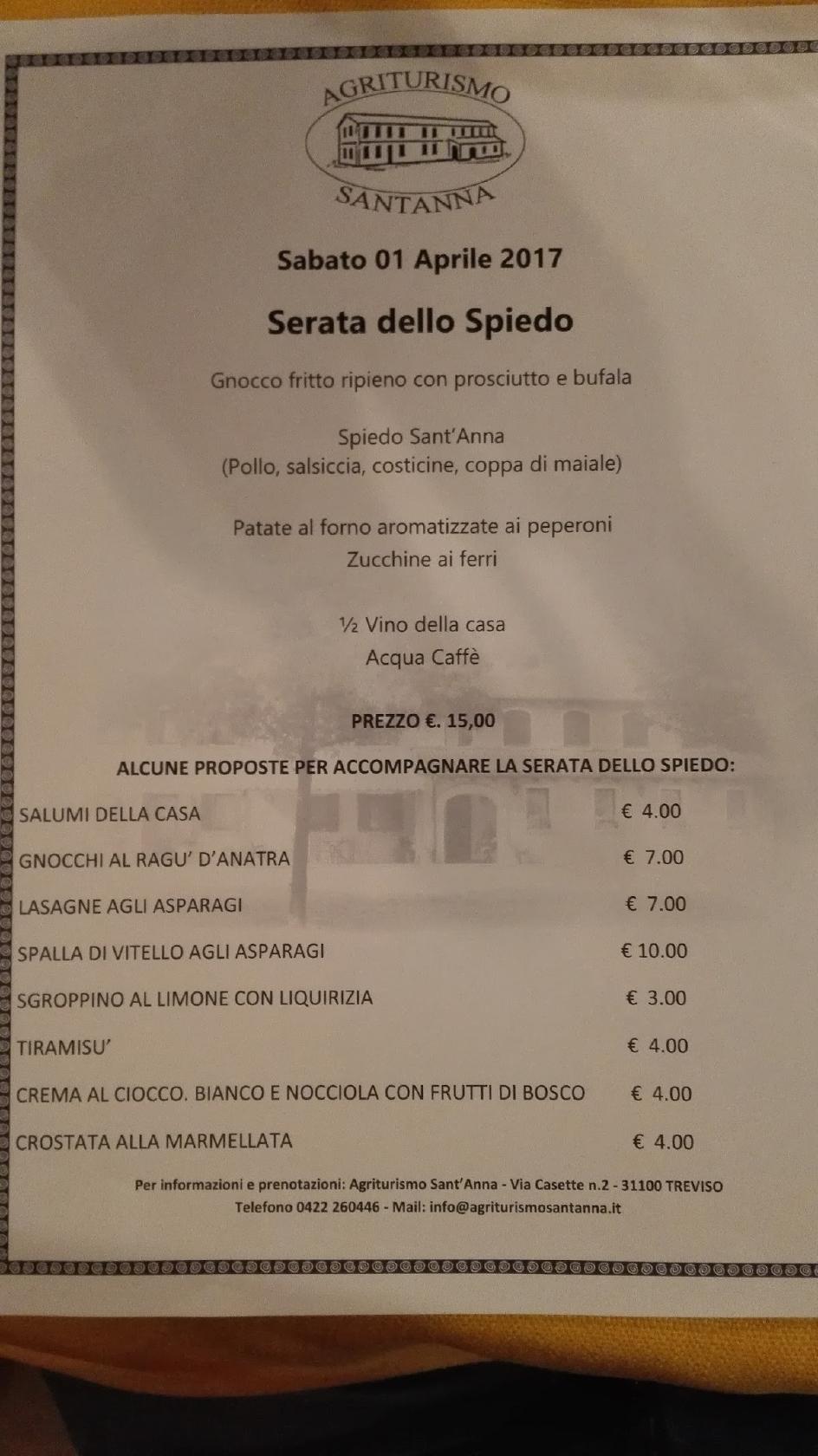 Speisekarte von Azienda Agrituristica S. Anna restaurant, Treviso
